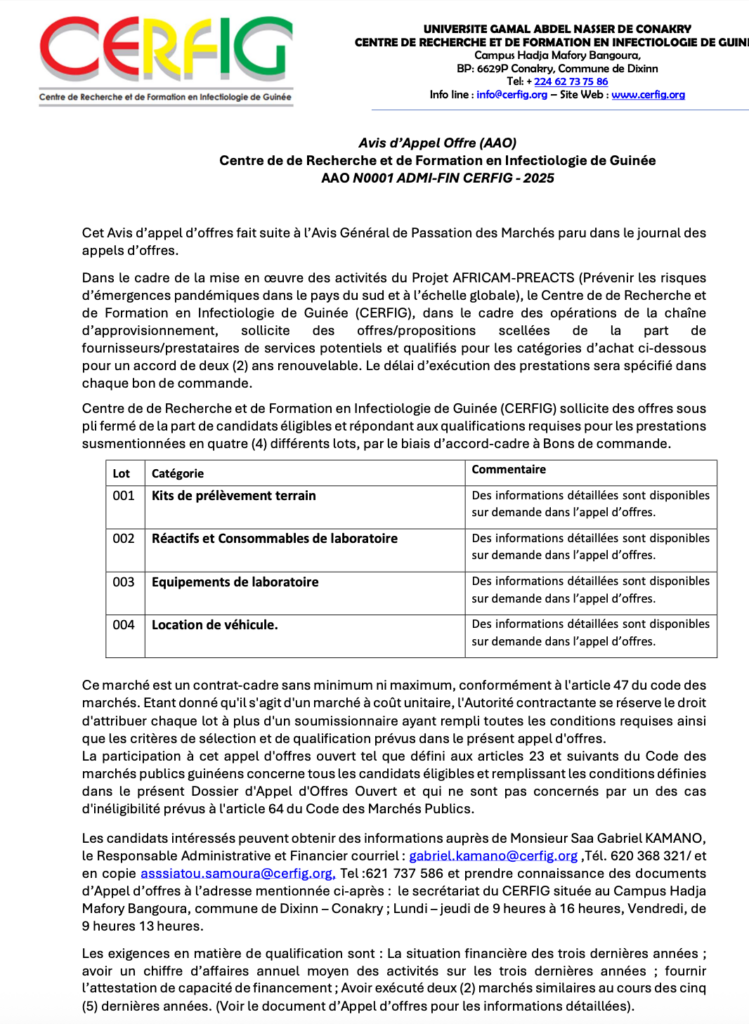 Avis d’Appel Offre (AAO) – N0001 ADMI-FIN CERFIG – 2025 - CERFIG