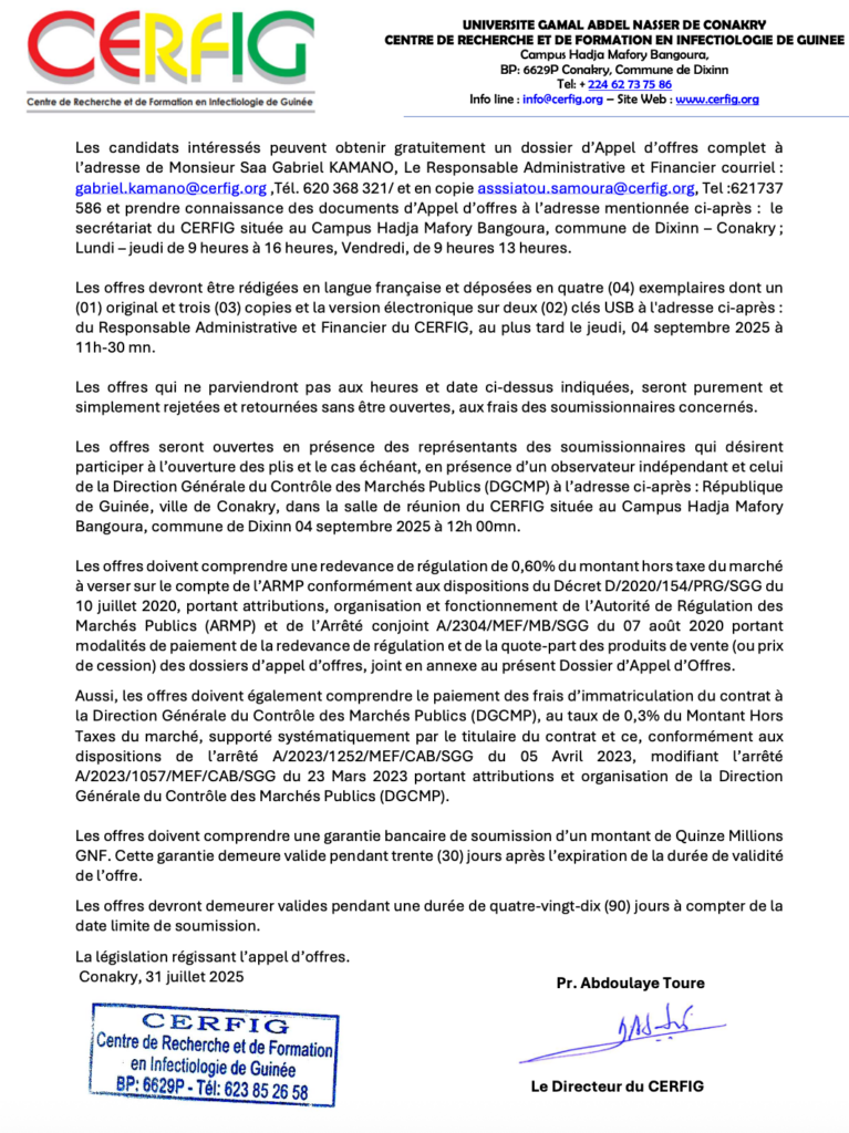 Avis d’Appel Offre (AAO) – N0001 ADMI-FIN CERFIG – 2025 - CERFIG